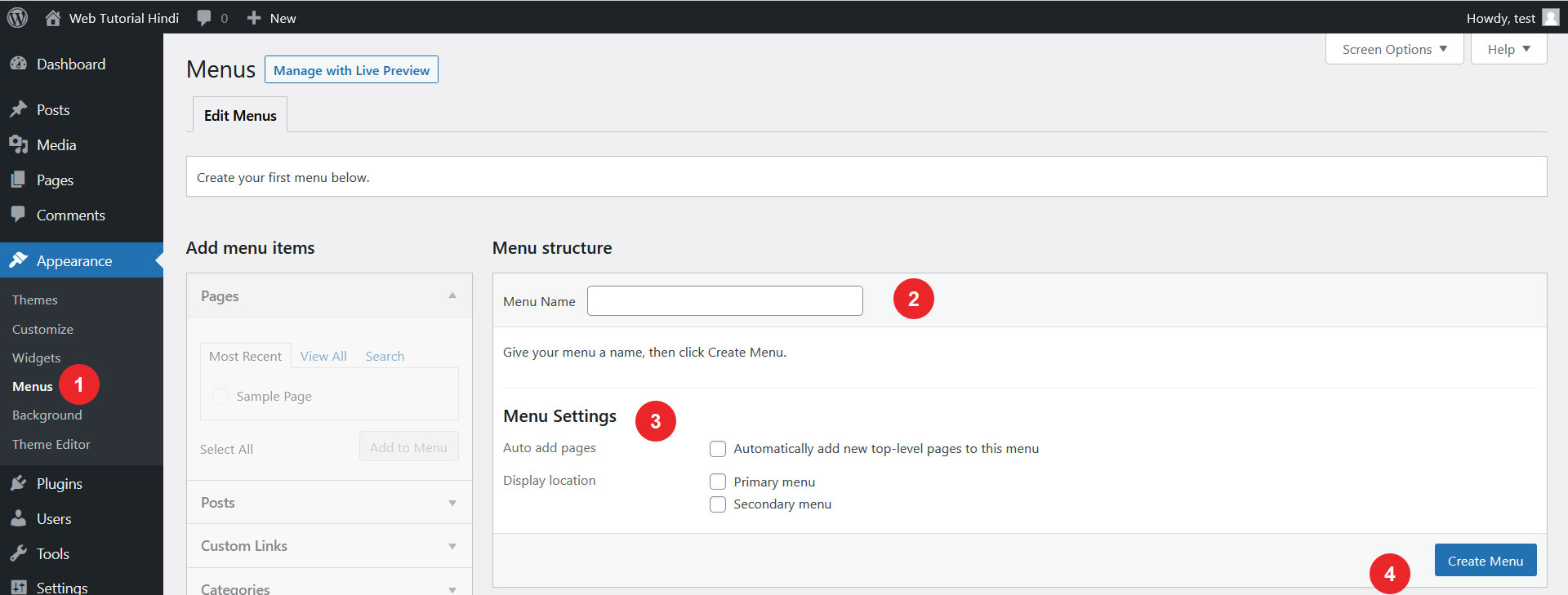WordPress Dashboard Tutorial In Hindi - Web Tutorial Hindi